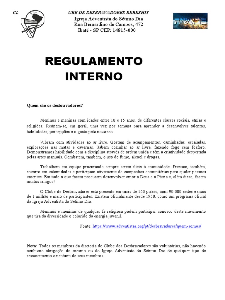 Regulamento do Clube de Desbravadores Bereshit: Diretrizes e Procedimentos para Membros | PDF