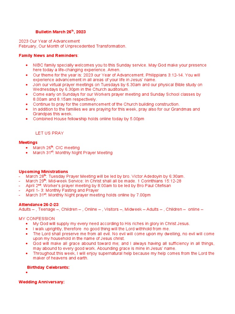 Bulletin 26th March-1 | PDF | Christian Worship | Prayer