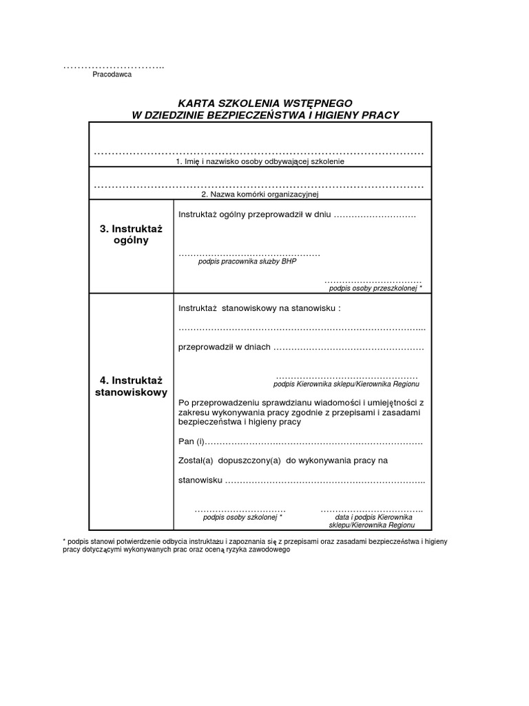 Karta Szkolenia WST Pnego W Dziedzinie Bezpiecze Stwa I Higieny Pracy | PDF