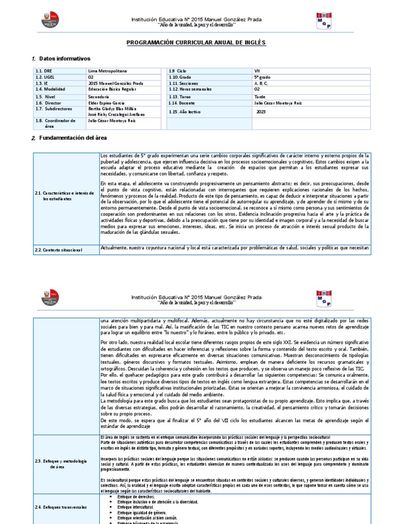Programacion Anual Inglés 5° Grado 2023 | PDF | Aprendizaje | Comunicación no verbal