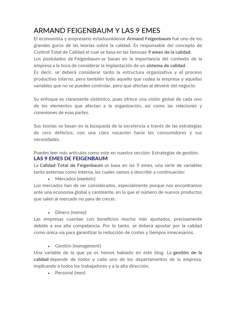 Armand Feigenbaum y Las 9 Emes | PDF | Calidad (comercial) | Negocios económicos