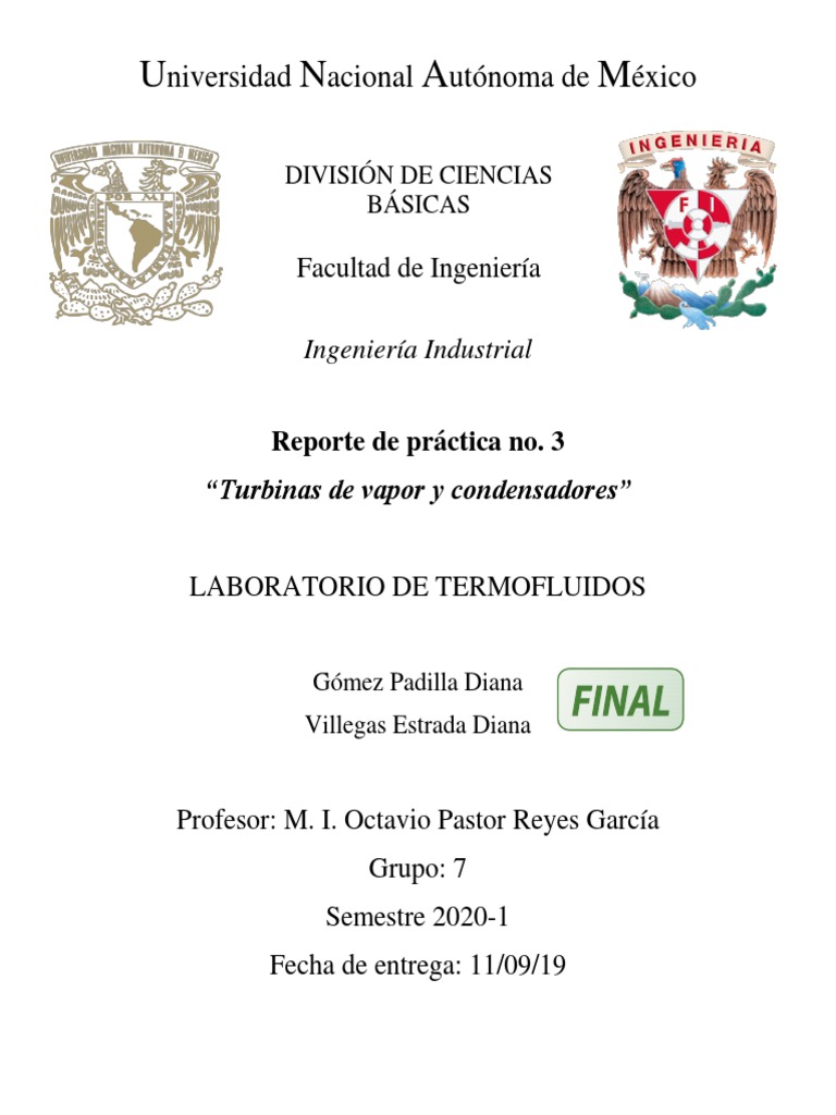 PR CTICA 3 Turbinas de Vapor y Condensadores DIANA PDF | PDF | Vapor de agua | Química