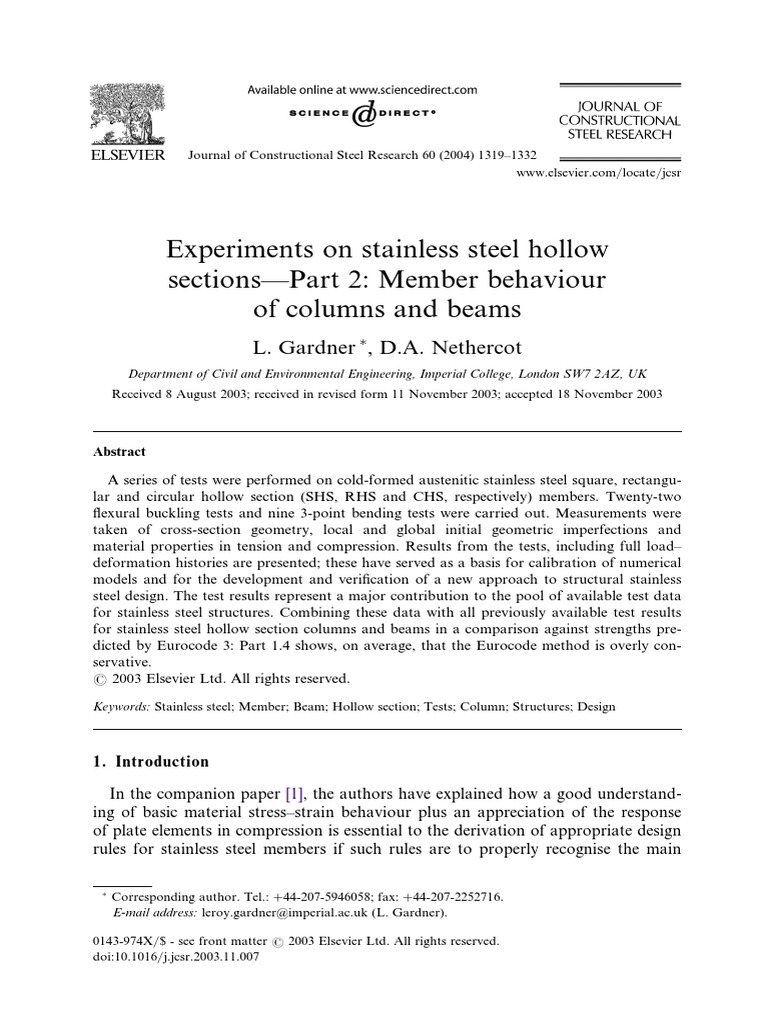 2004 - Gardner - Experiments On Stainless Steel Hollow Sections Part 2 ...
