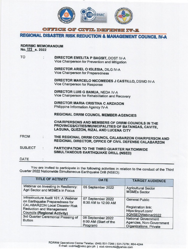 RDRRMC Memo 122 - Participation To The Third Quarter Nationwide ...