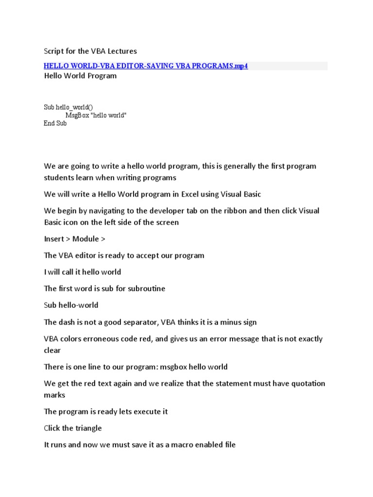 Script For VBA Lectures | PDF | Microsoft Excel | Computer Program