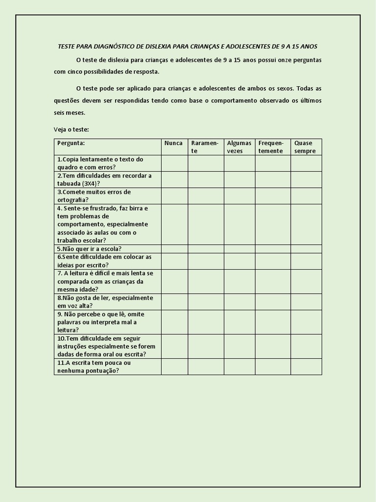 Teste de Dislexia para Crianças e Adolescentes | PDF