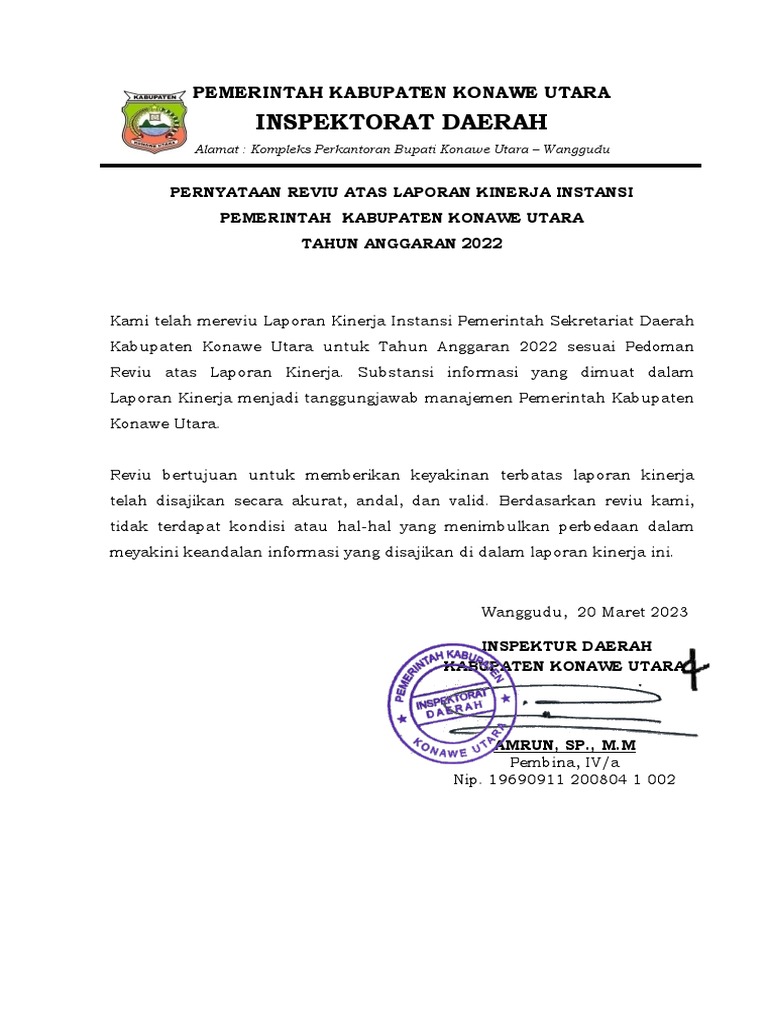 Pernyataan Reviu Lakip Sekretariat Daerah PDF | PDF