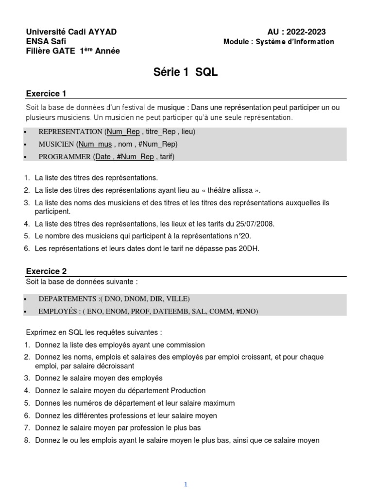 Exo SQL Sã©rie1 PDF | PDF | Bases de données | Logiciel de gestion des données