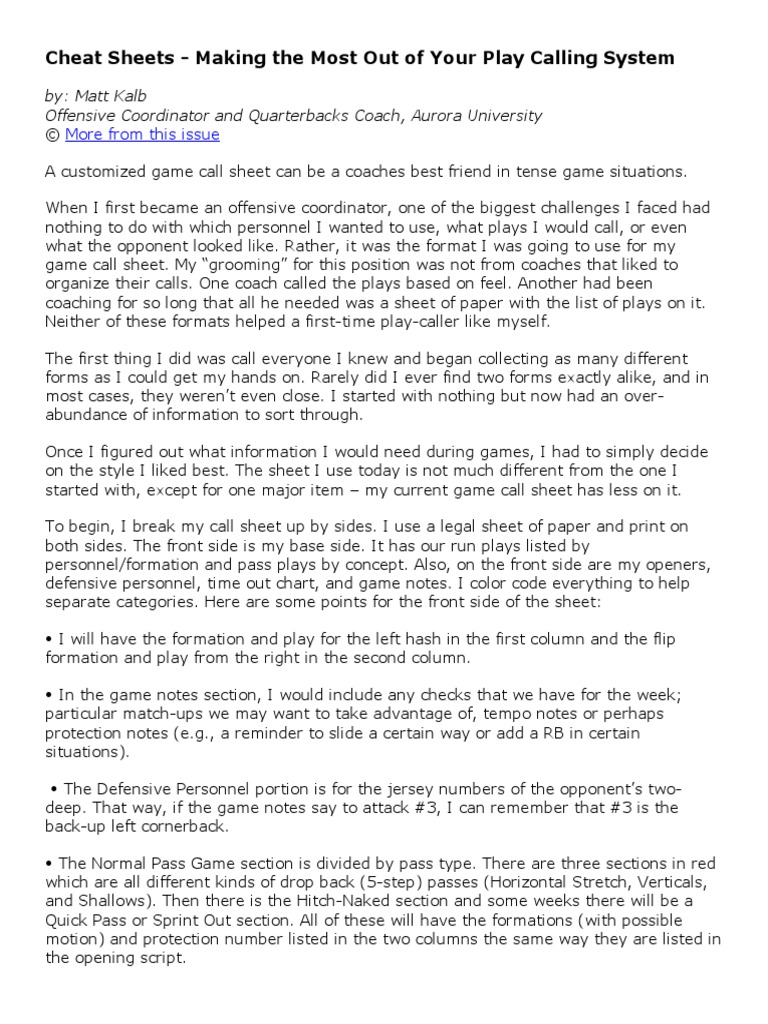 Cheat Sheets - Making The Most Out of Your Play Calling System | PDF ...