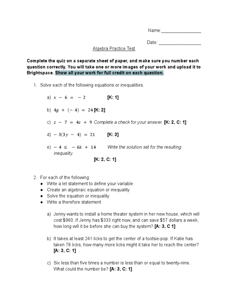 Algebra Unit Test | PDF | Science & Mathematics