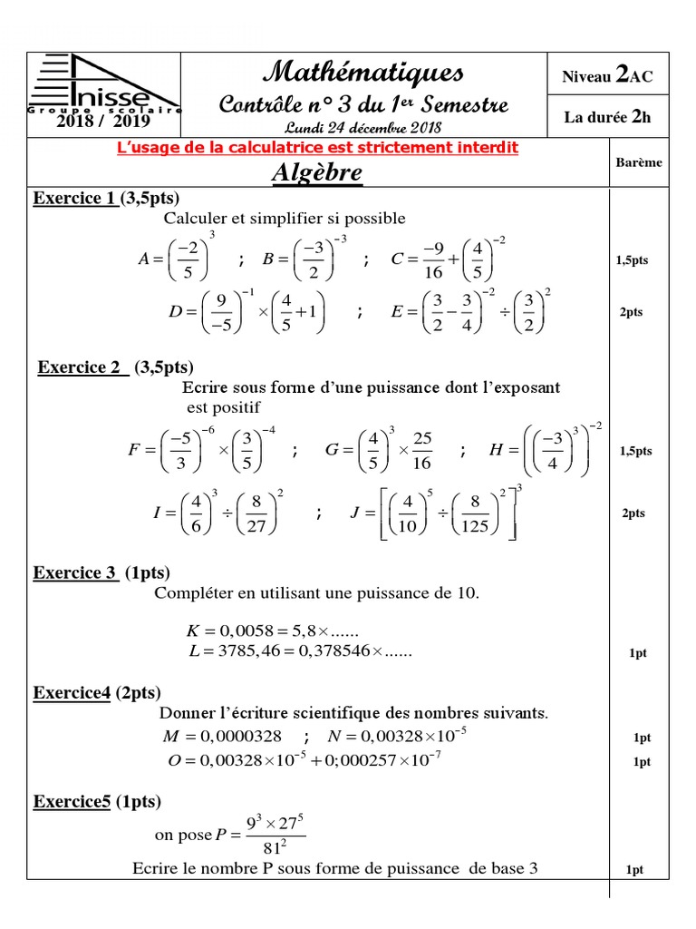 Contrôle de maths 2AC Semestre 1 | PDF | Formes géométriques | Géométrie