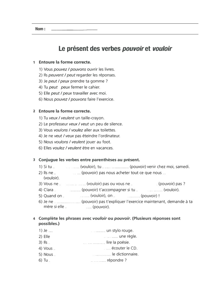 Exercices sur pouvoir et vouloir au présent | PDF | Études des langues ...