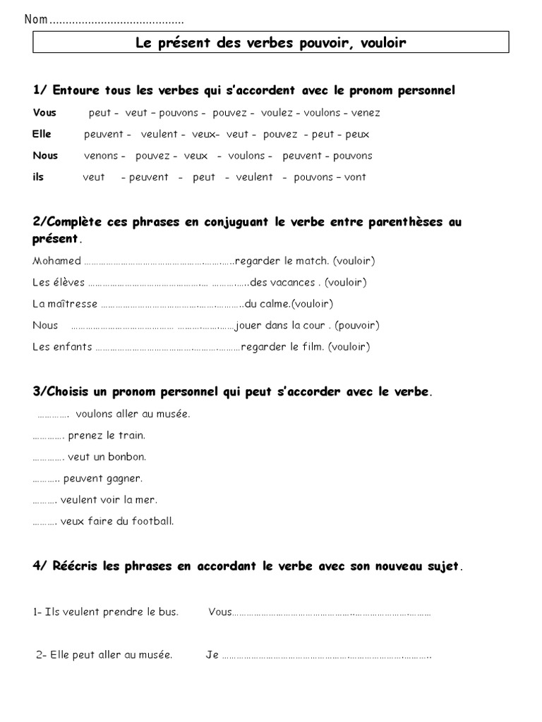 Présent des verbes pouvoir et vouloir | PDF