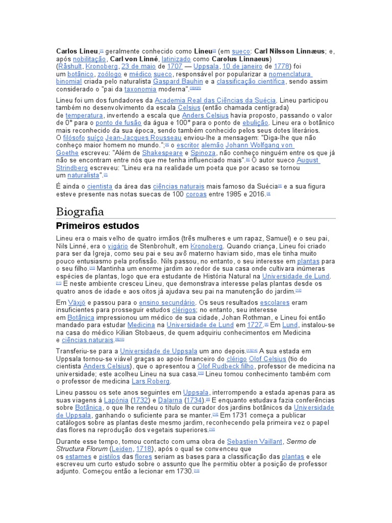 Biografia de Carlos Lineu, o pai da taxonomia moderna | PDF