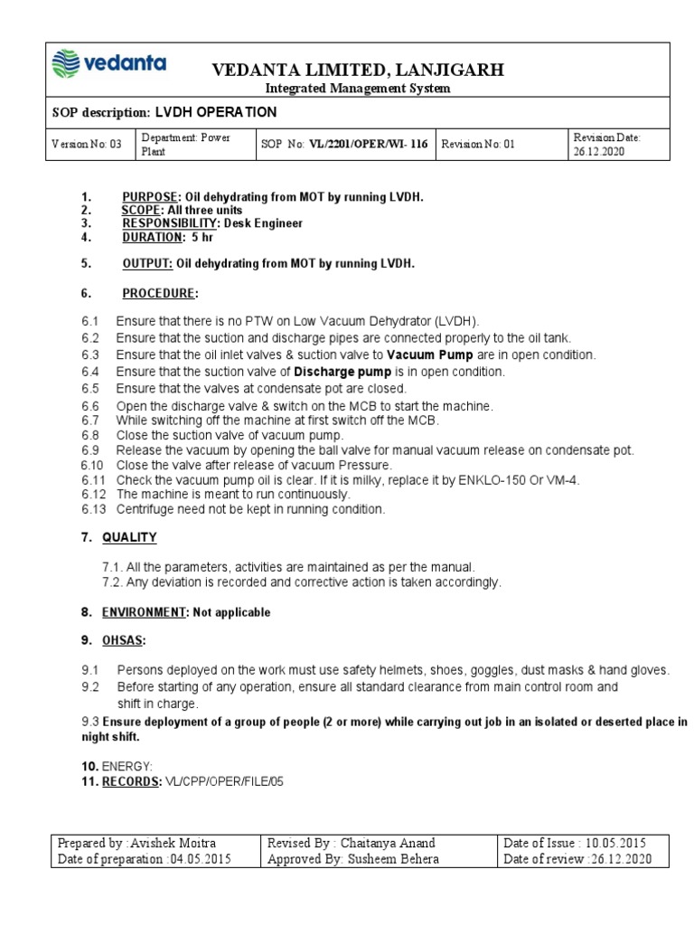 LVDH Operation SOP for Oil Dehydration | PDF | Pump | Valve