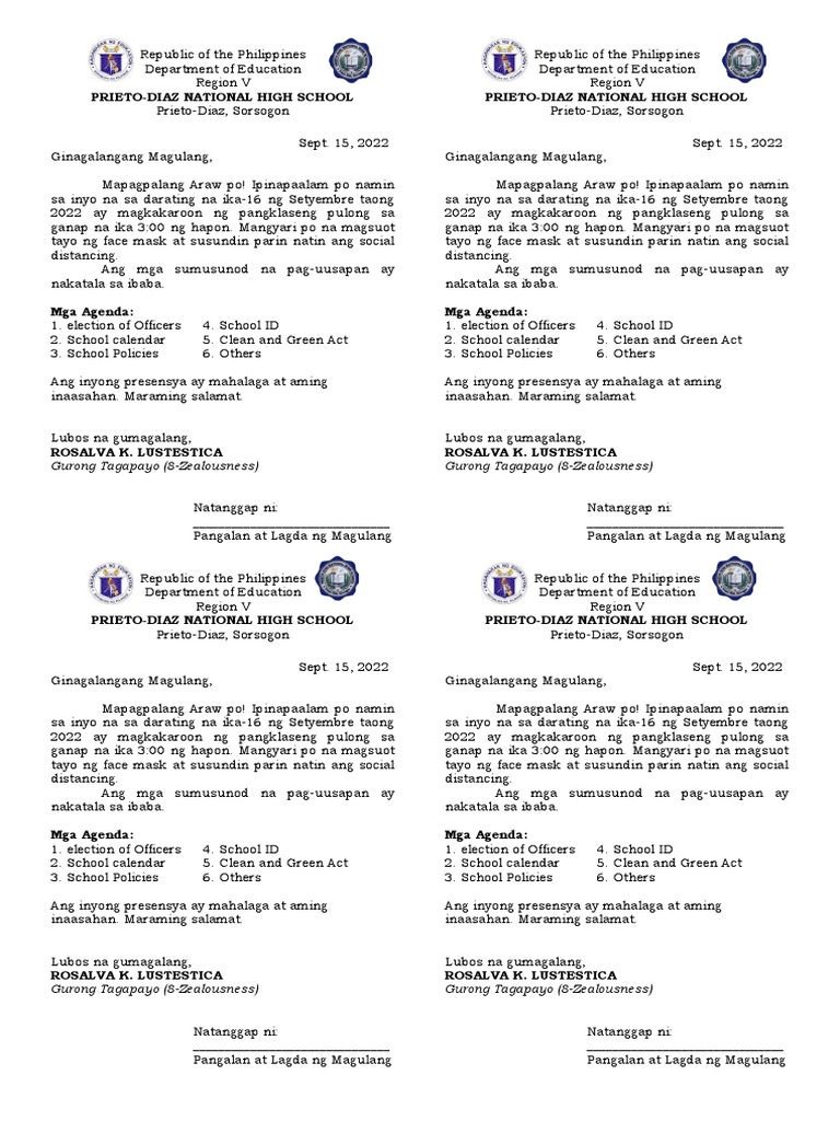 Homeroom Pta Meeting Letter Filipino | PDF