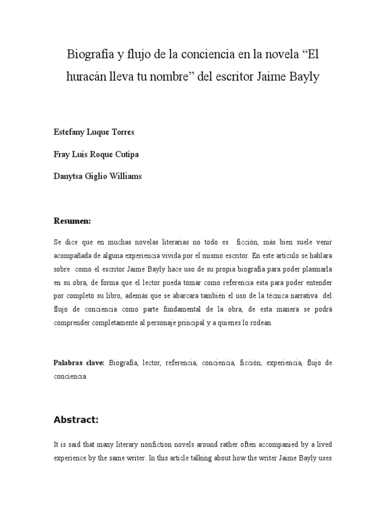 Biografia y Flujo de La Conciencia en El Huiracan Lleva Tu Nombre | PDF