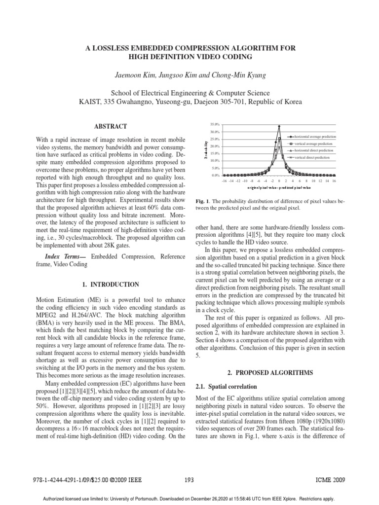 A Lossless Embedded Compression Algorithm For High Definition Video Coding Pdf Data