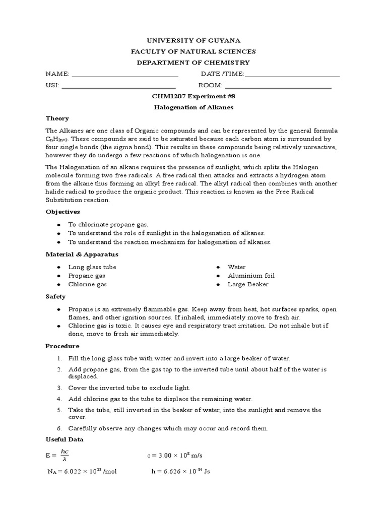 CHM 1207 Lab 8 2023 | PDF | Alkane | Radical (Chemistry)