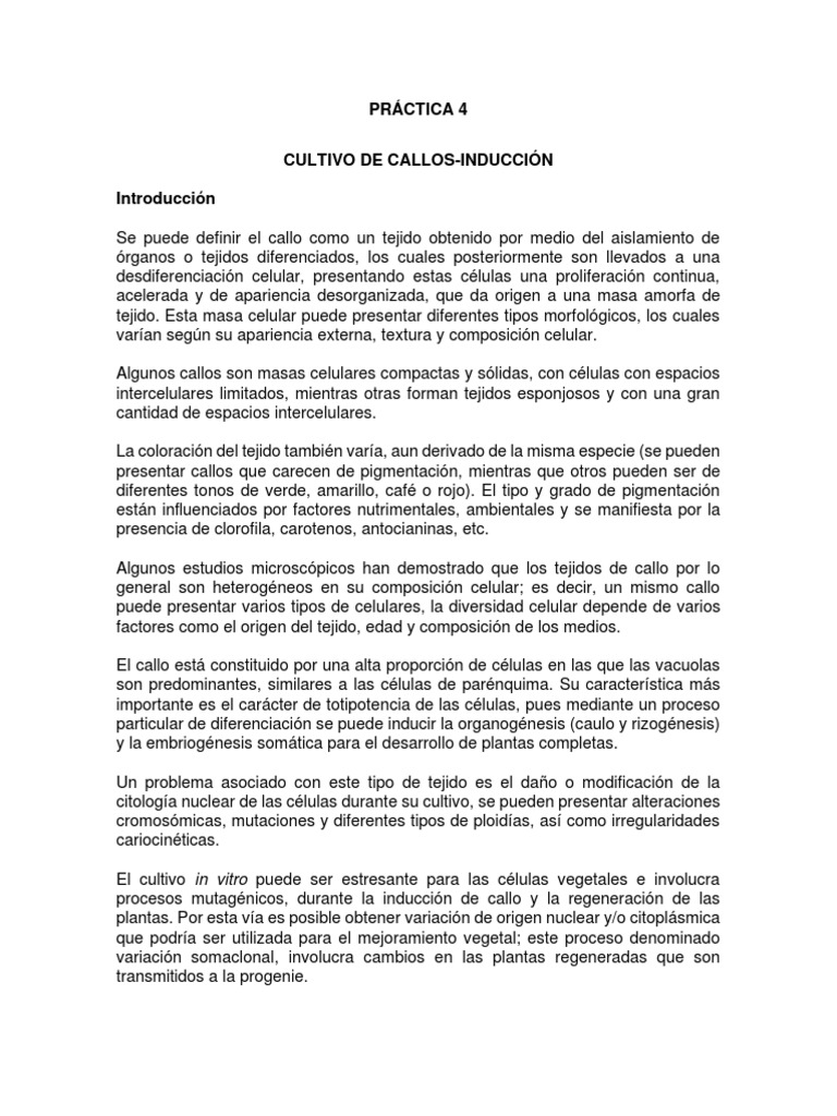 Inducción y Cultivo de Callos Vegetales | PDF | Biología Celular ...