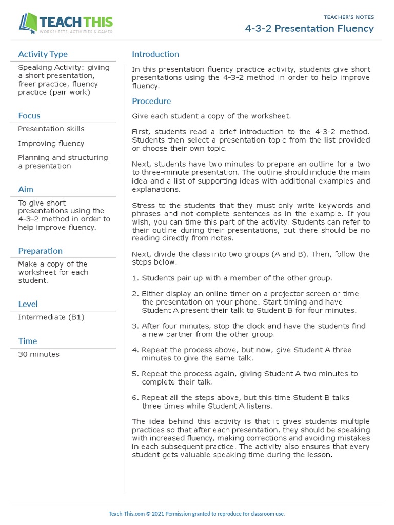 4 3 2 Presentation Fluency | PDF | Fluency | Linguistics