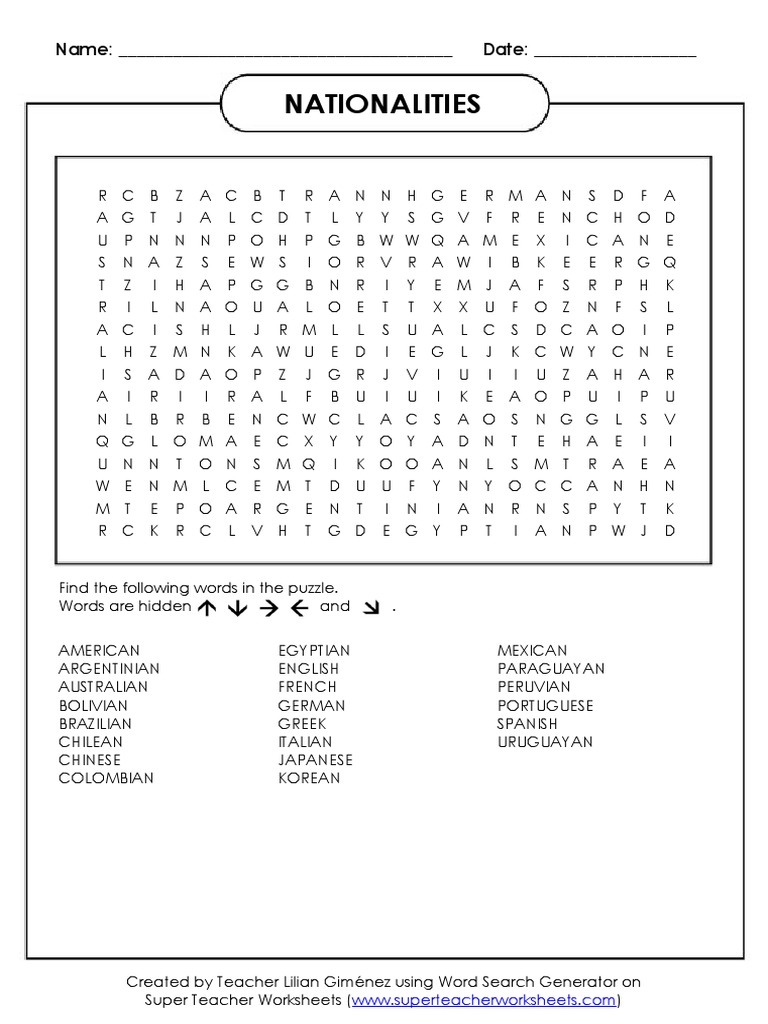 Nationalities Word Search | PDF | Word Search | Latin America