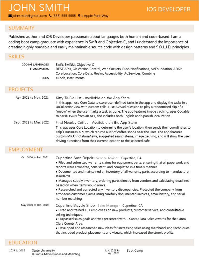 Resume Example Kodeco | PDF | Swift (Programming Language) | Ios