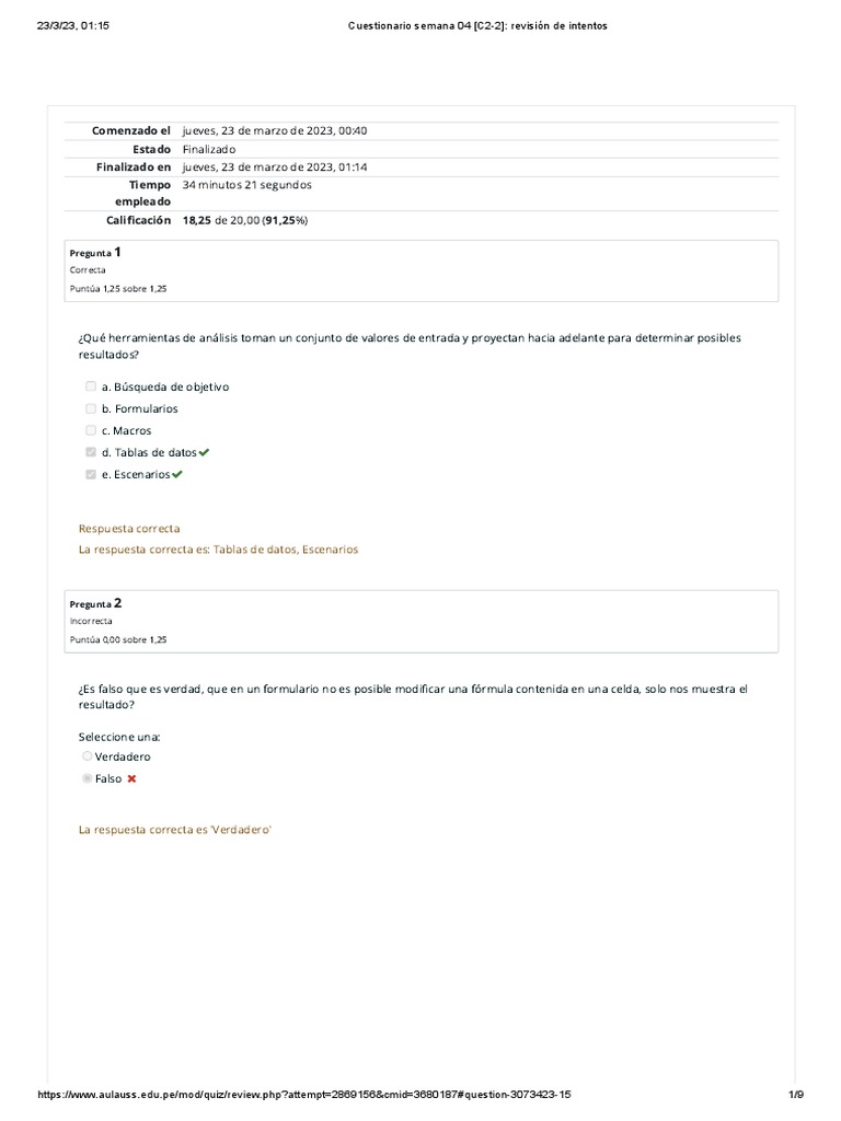 Cuestionario Semana 04 (C2-2) - Revisión de Intentos | PDF | Microsoft Excel | Cuestionario