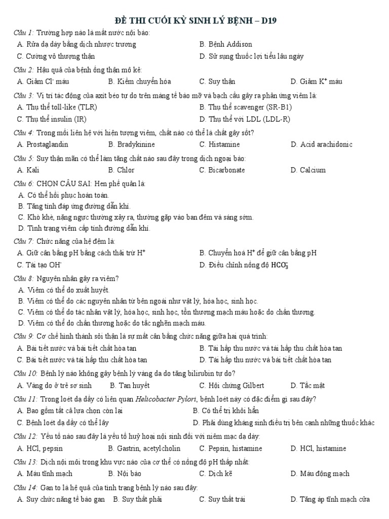 1. Cuối kì lý thuyết Sinh lý bệnh - D19 PDF | PDF