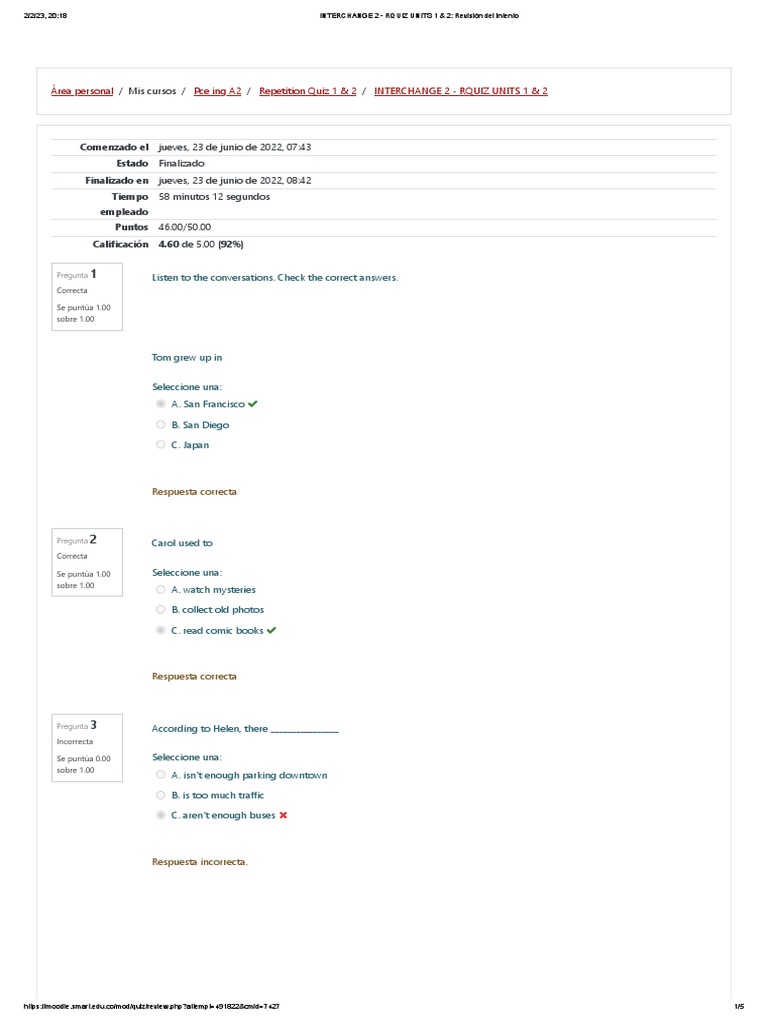 Interchange 2 - Rquiz Units 1 & 2 - Revisión Del Intento | PDF | Syntax | Human Communication