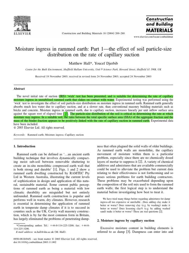 Moisture Ingress in Rammed Earth: Part 1-The Effect of Soil Particle ...
