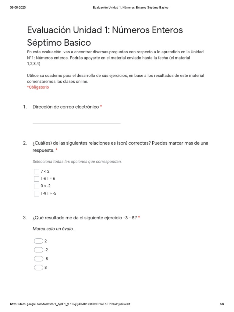Evaluación Unidad 1 - Números Enteros Séptimo Basico Formularios de ...