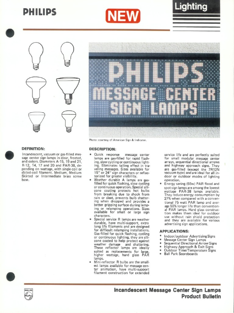 Philips Incandescent Message Center Sign Lamps Bulletin 3-87 | PDF