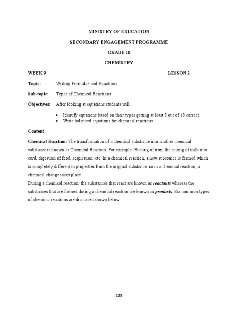Grade 10 Chemistry Week 9 Lesson 2 | PDF | Chemical Reactions ... Grade 10 Chemistry Week 9 Lesson 2 | PDF | Chemical Reactions ...