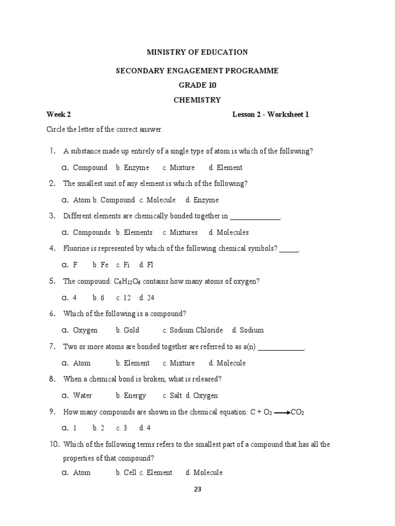 Grade 10 Chemistry Week 2 Lesson 2 Worksheet 1 and Solutions | PDF ...