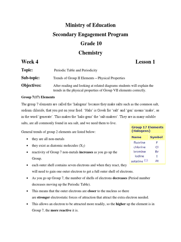 Grade 10 Chemistry Week 4 Lesson 1 | PDF | Periodic Table | Iodine