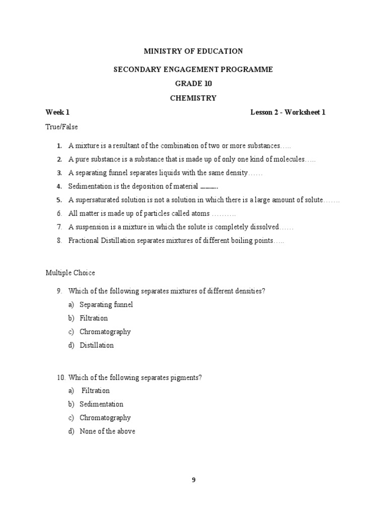 Grade 10 Chemistry Worksheet 1 | PDF | Mixture | Chemistry