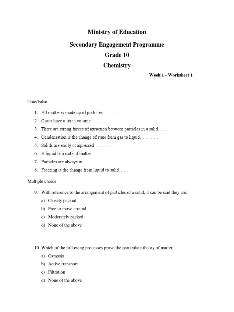 Grade 10 Chemistry Week 1 Worksheet 1 and Solutions | PDF