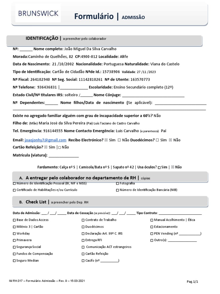 IM RH.017 - Formulario Admissao.docx | PDF