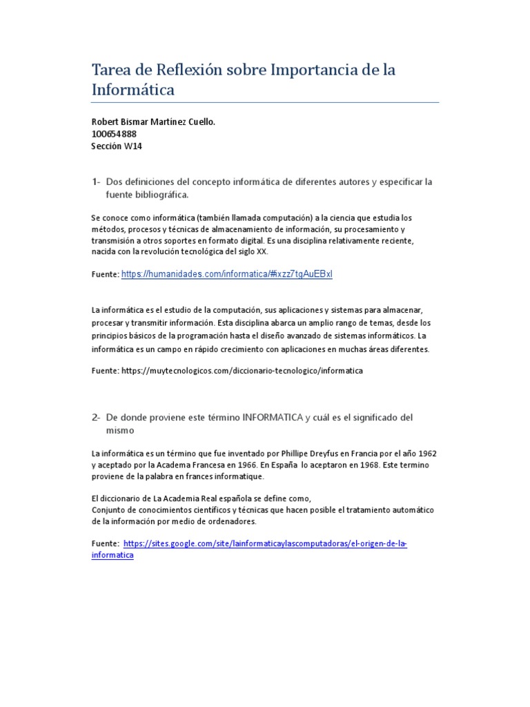 Tarea de Reflexión Sobre Importancia de La Informática | PDF