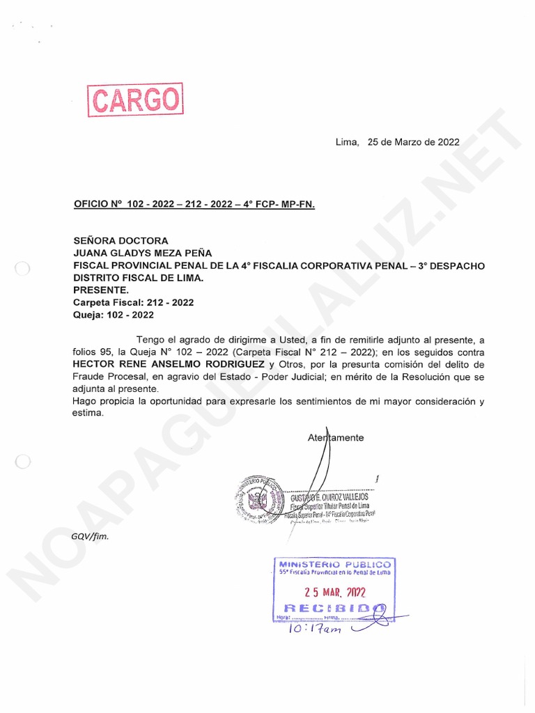 OFICIO #102-2022-212-2022-4° FPC-MP-FN 25 MAR 2022 - QUEJA 102-2022. FUNDADA EN PARTE. MDA. 5p ...