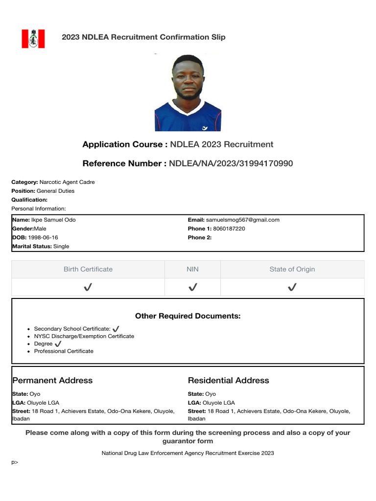 NDLEA 2023 Recruitment Confirmation Slip for Narcotic Agent Cadre ...