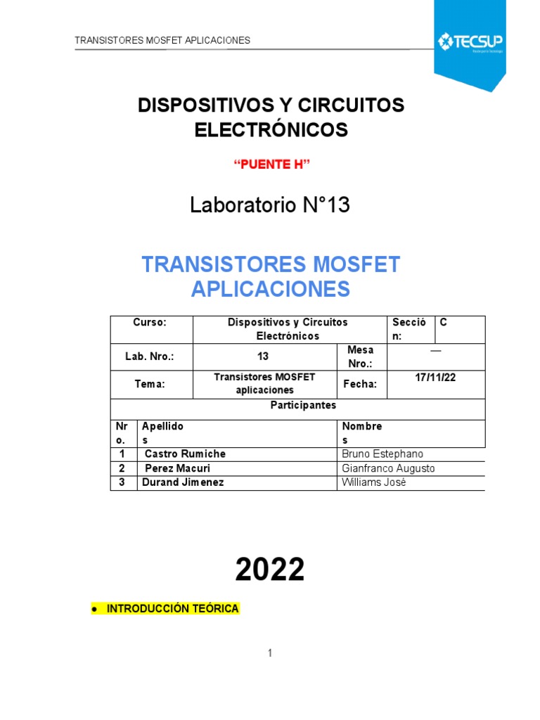 Lab - 13 Puente H - MOSFET | PDF | Transistor | Mosfet