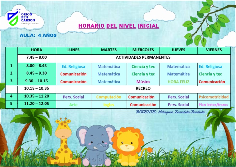 Horario Del Nivel Inicial: Aula: 4 Años | PDF