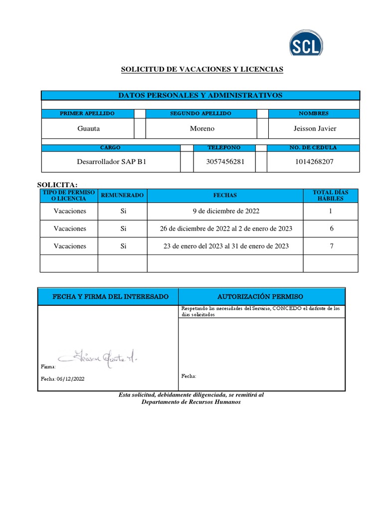 Formato Solicitud Vacaciones 2022 - 2023 PDF | PDF