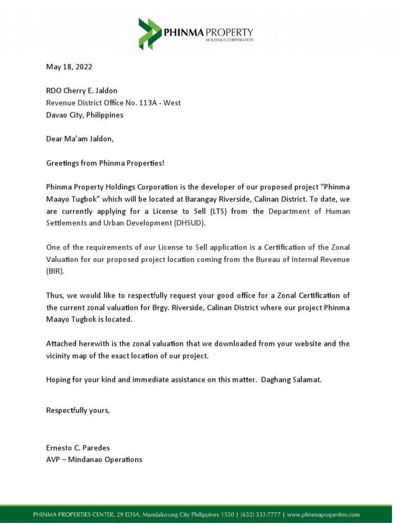 Letter To BIR For Zonal Value Certification | PDF