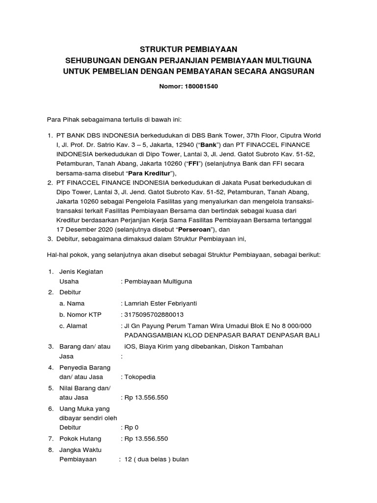 Struktur Pembiayaan Sehubungan Dengan Perjanjian Pembiayaan Multiguna Untuk Pembelian Dengan ...