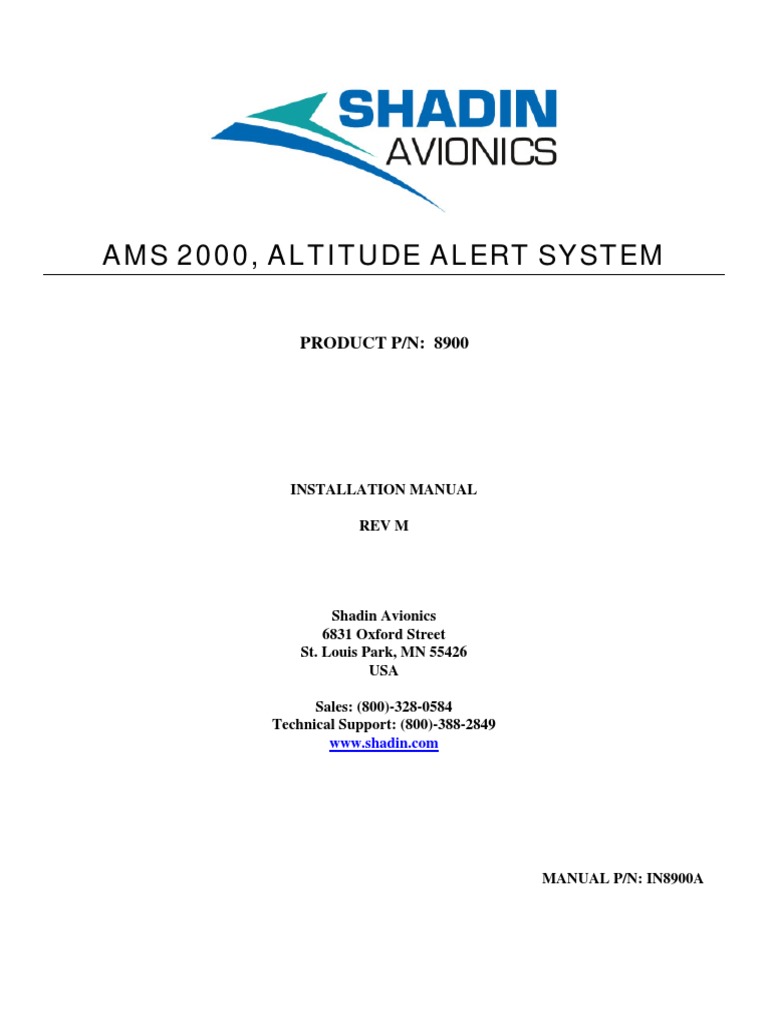 Shadin AMS-2000 Altitude Alert System Installation Manual IN8900A ...