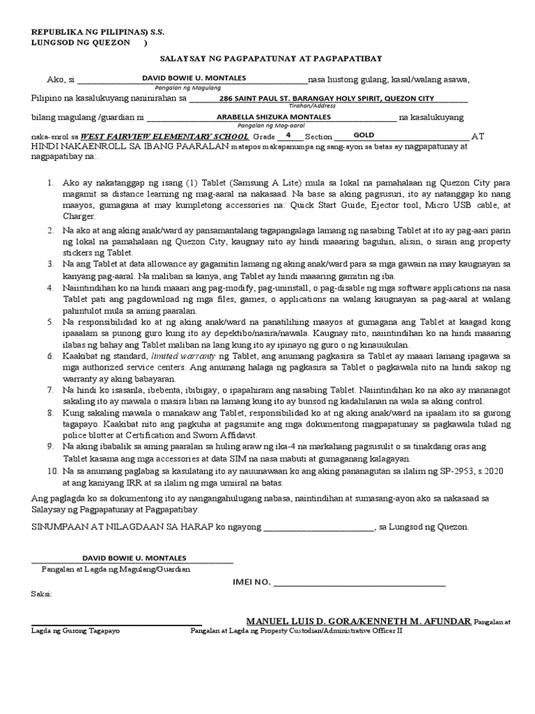 Salaysay NG Pagpapatunay at Pagpapatibay Tablet | PDF