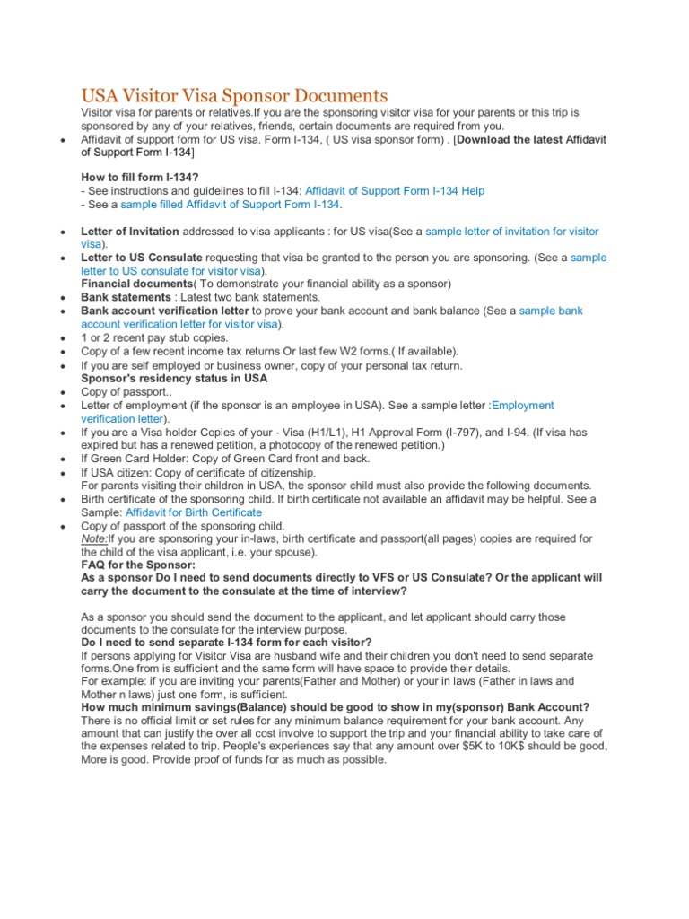 USA Visitor Visa Sponsor Documents | PDF | Travel Visa | Permanent ...
